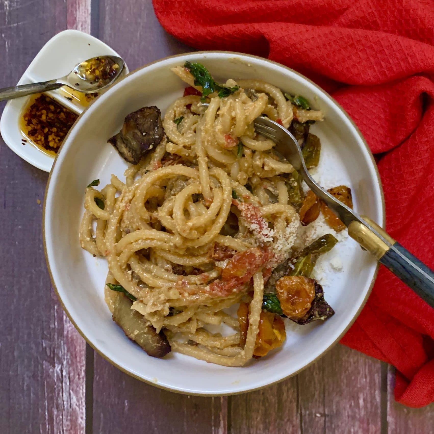 Bucatini Pasta with Ricotta, Slow-Roasted Eggplant and Tomatoes